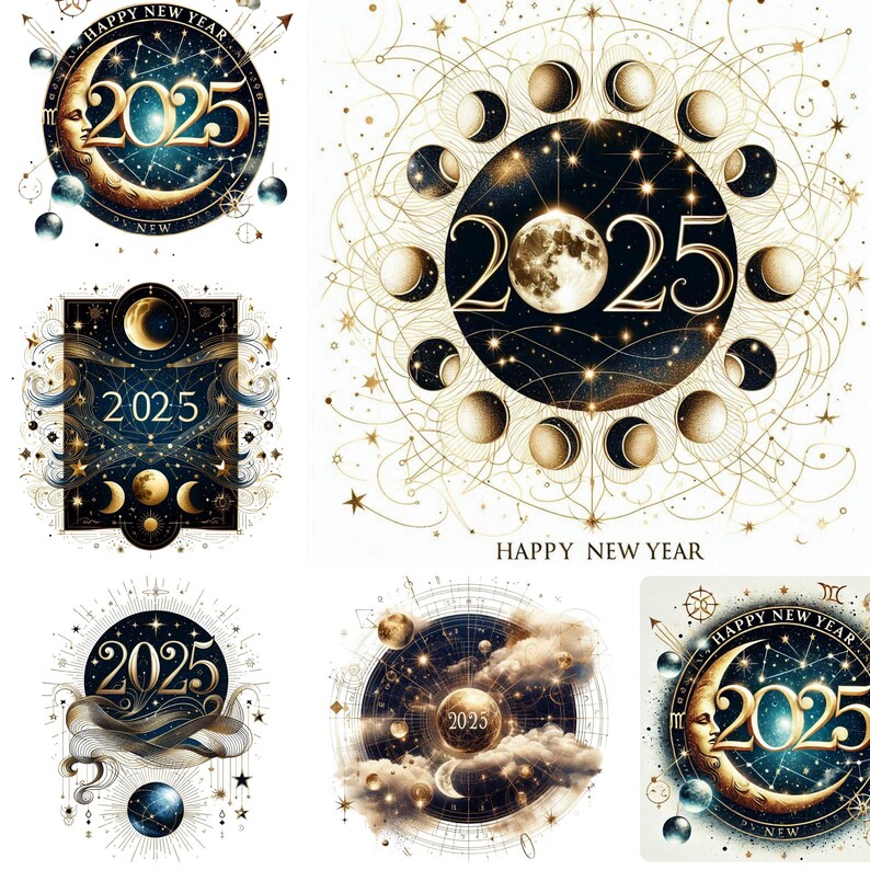 Celestial 2025 Gold Art Bundle | New Year PNG Collection | Zodiac ...