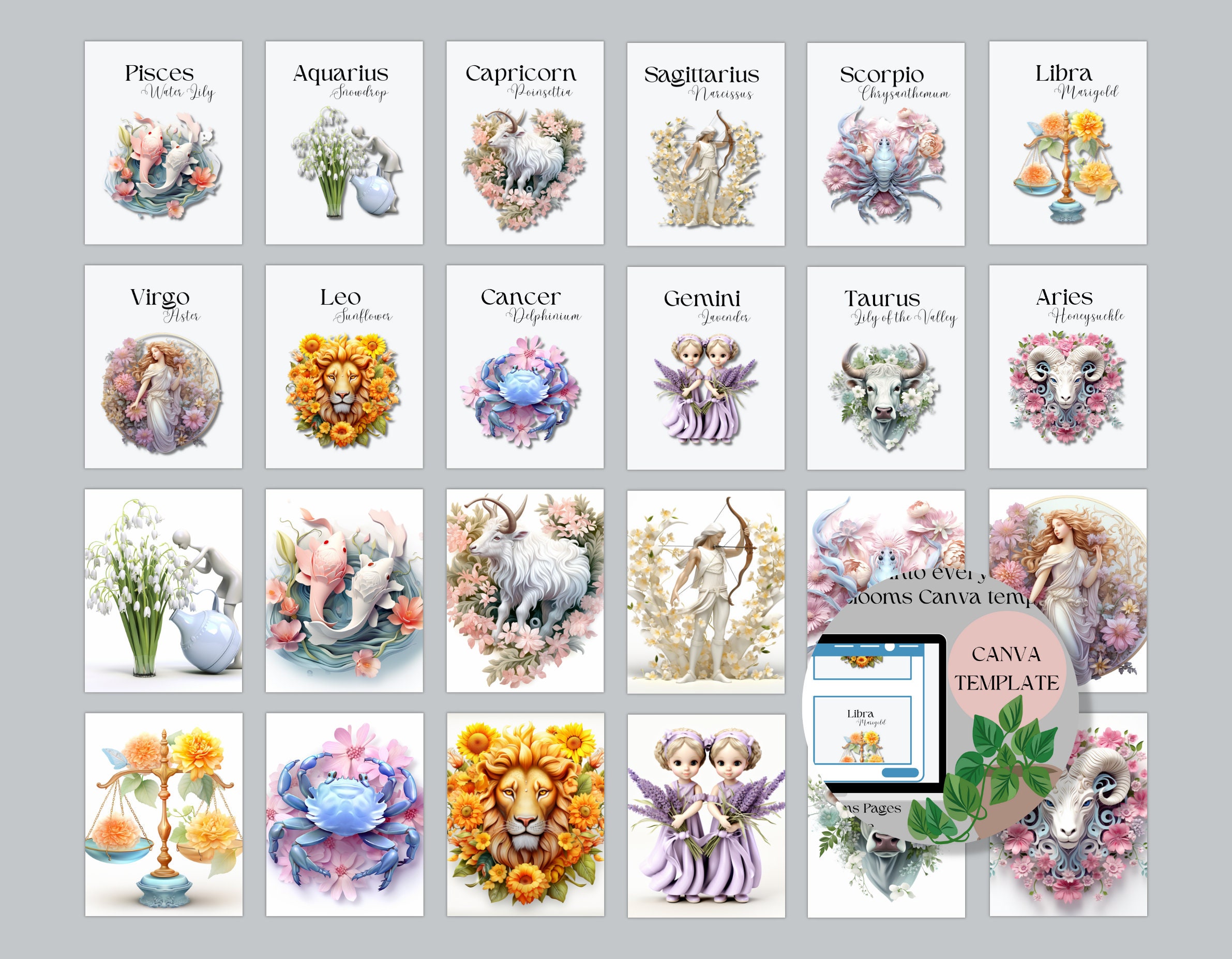 Birth Month Flowers & Zodiac Signs CANVA TEMPLATE Jpg Png - Etsy