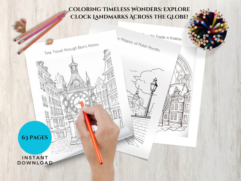 Clocks Grayscale Coloring Book Pages | 63 Pages of Clock Landmarks From ...