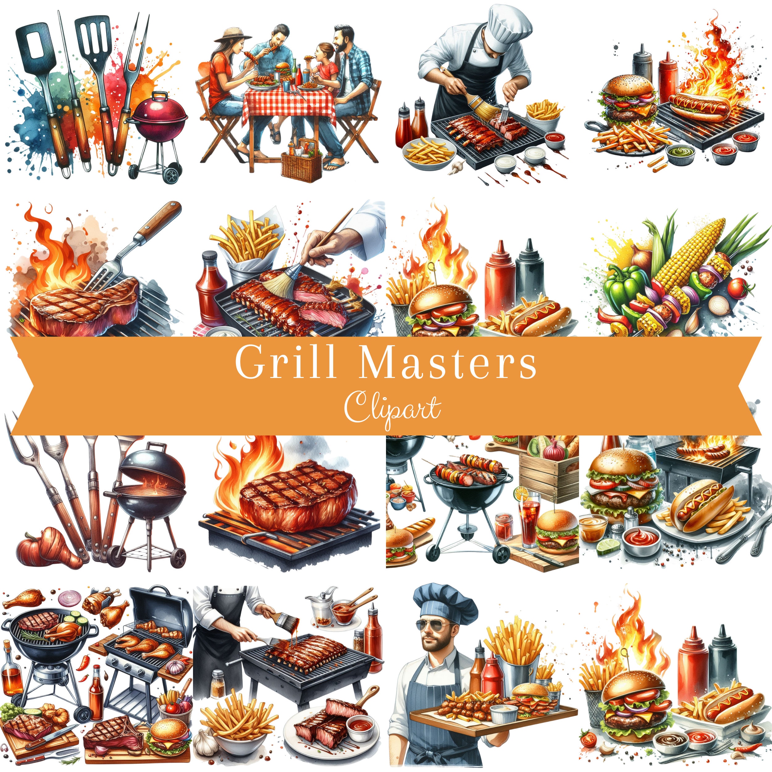 Watercolor BBQ Clip Art (40 Pngs) - Barbecue Graphics Set - Grill ...