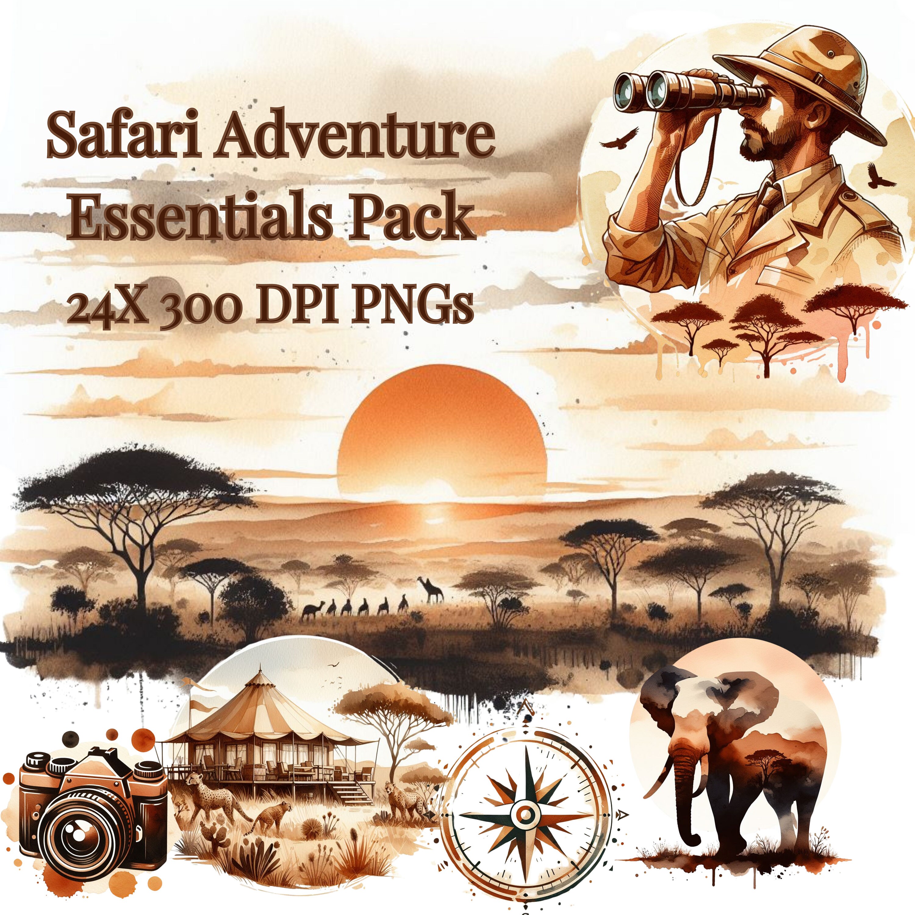 Safari Adventure Clipart Essentials Pack - 24 High-resolution Pngs ...
