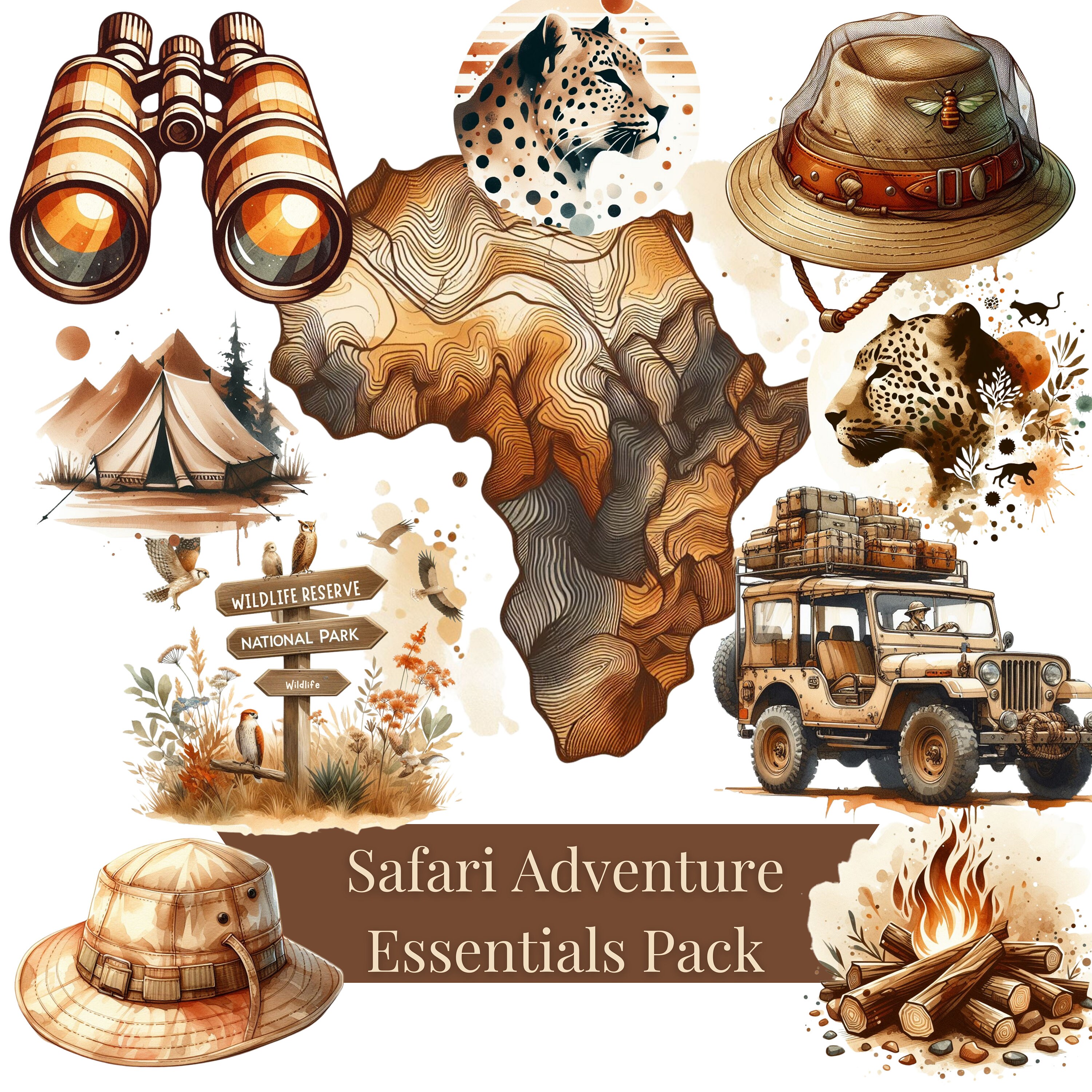 Safari Adventure Clipart Essentials Pack - 24 High-resolution Pngs ...