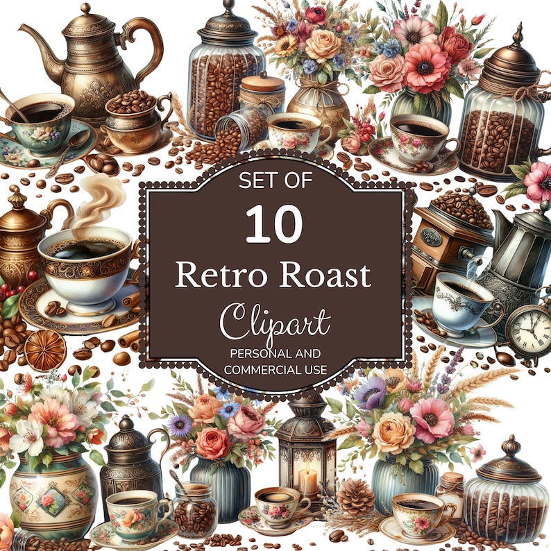 Retro Roast Coffee Clip Art - 10 Vintage PNG Graphics - Transparent ...