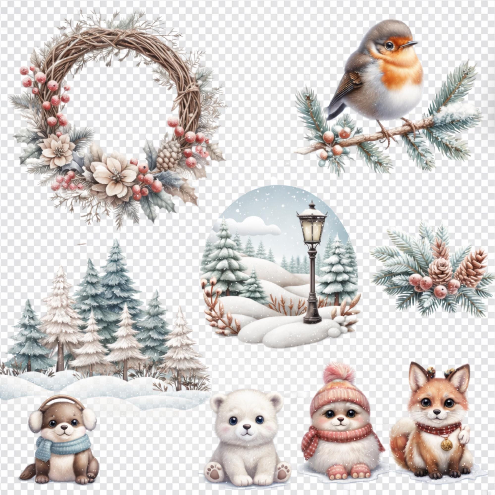 Winter Woodland Animals Clipart Bundle, Cute Winter Animals PNG, Cozy ...