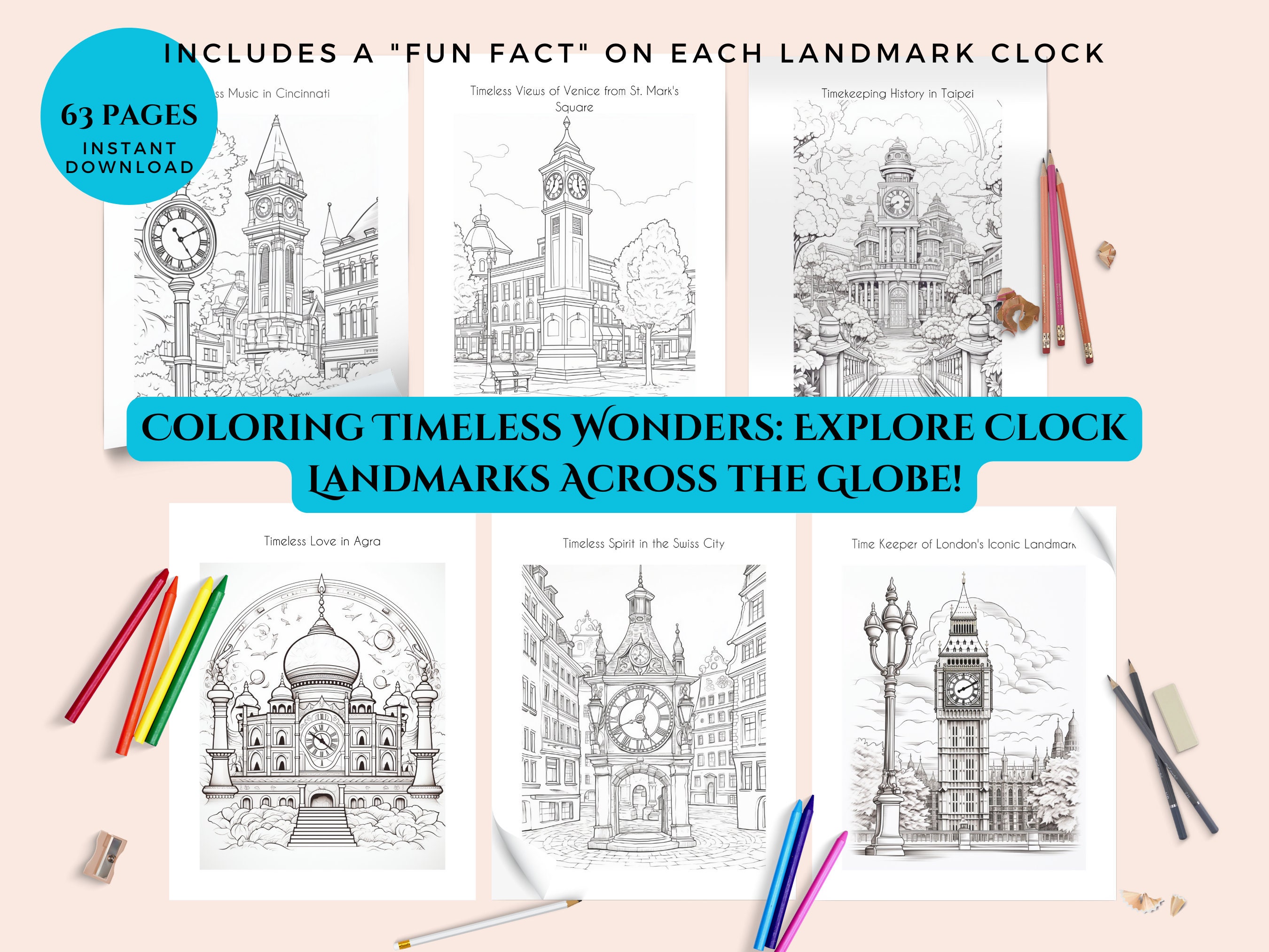 Clocks Grayscale Coloring Book Pages | 63 Pages of Clock Landmarks From ...