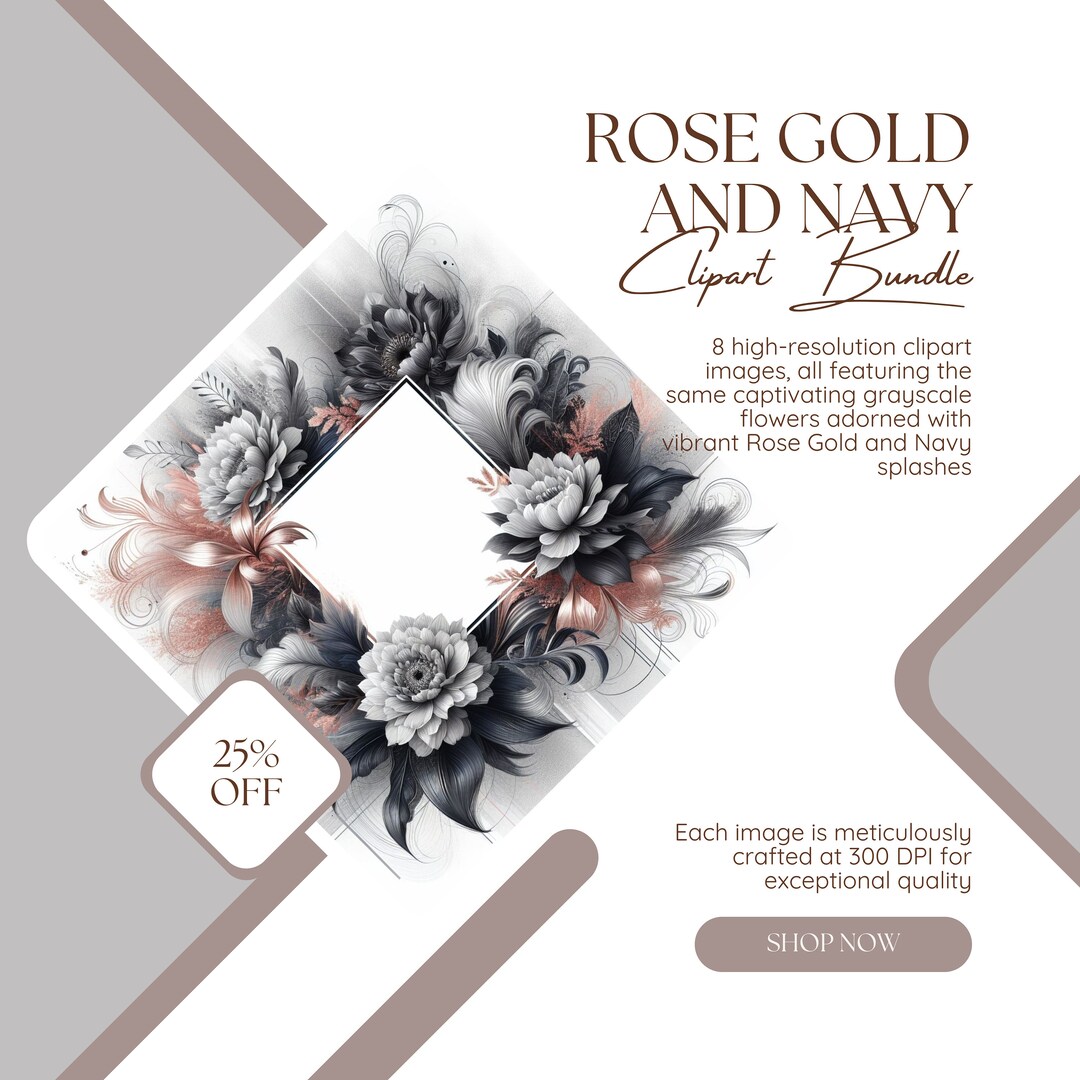 Rose Gold and Navy Floral Frames Clipart Bundle - 8 Digital Downloads ...