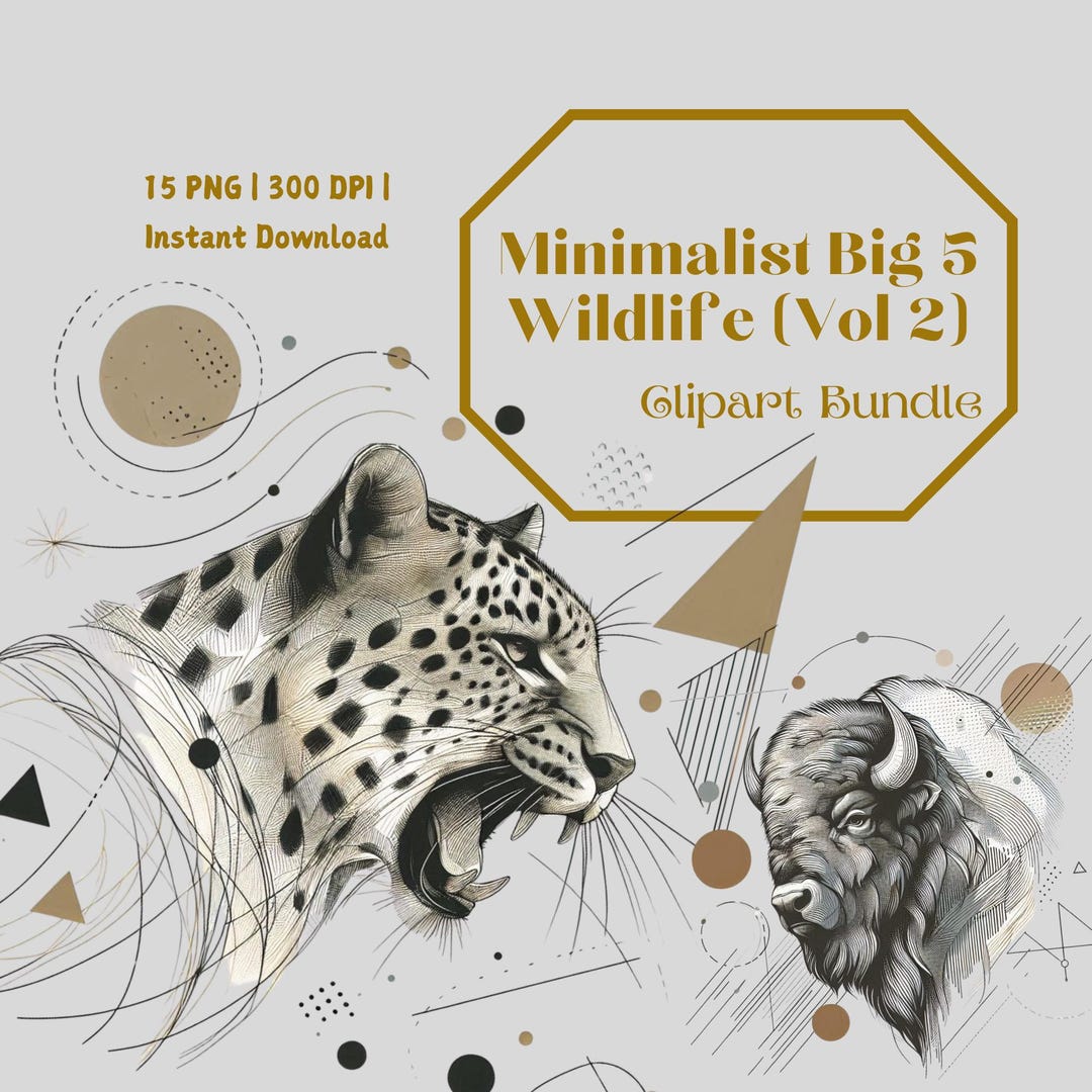 Big 5 Safari Animal Clipart: Minimalist Line Art Pngs (digital Download ...