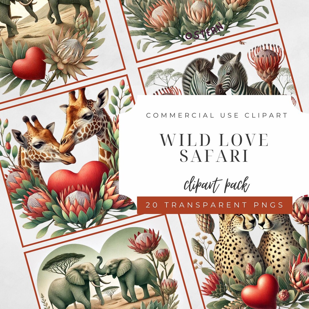 Vintage Safari Animal Love Clipart: Valentine's Wildlife Graphics ...
