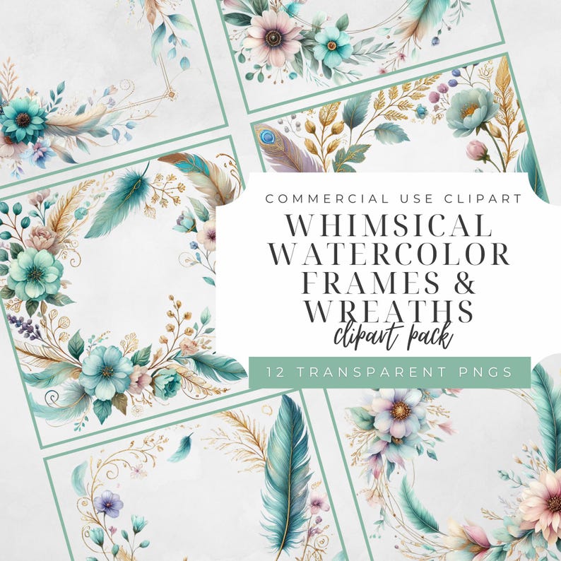 Watercolor Frames & Wreaths Clipart Bundle, 12 Pngs in Turquoise ...