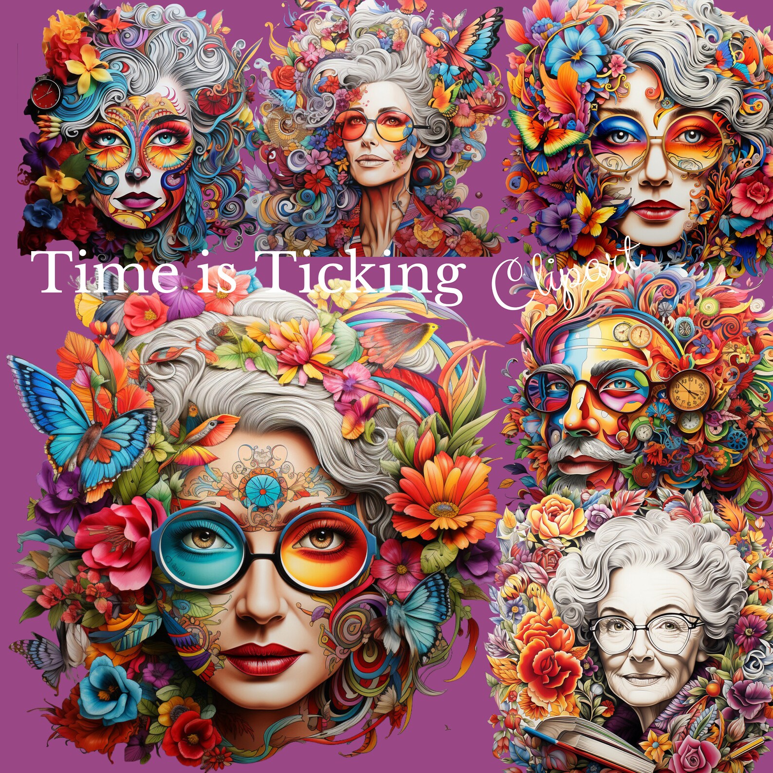 Vibrant Psychedelic People Heads Clipart With Mini Clocks, Transparent ...