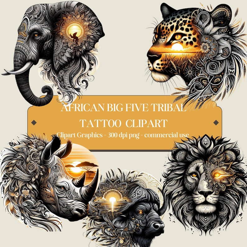 African Big Five Tattoo PNG Lion Leopard Elephant Rhino Buffalo Tribal ...