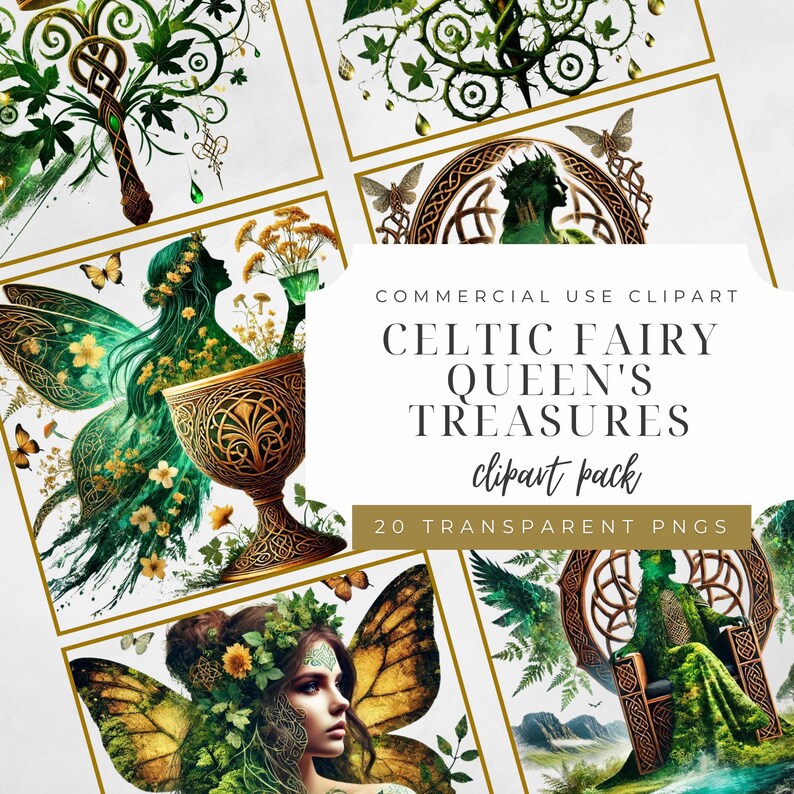 Celtic Fairy Queen Clipart: Green Gold Art Bundle (PNG) - Etsy