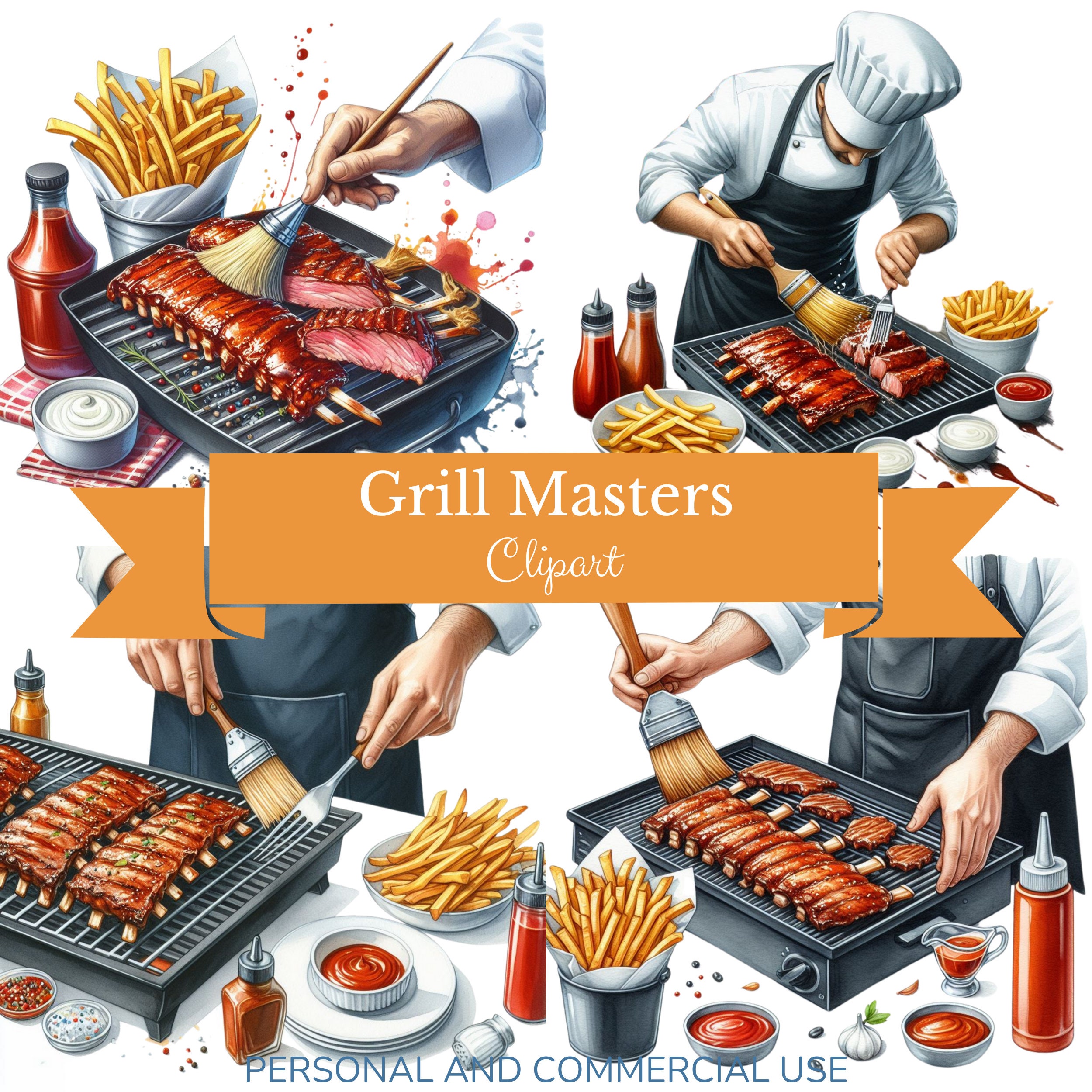 Watercolor BBQ Clip Art (40 Pngs) - Barbecue Graphics Set - Grill ...