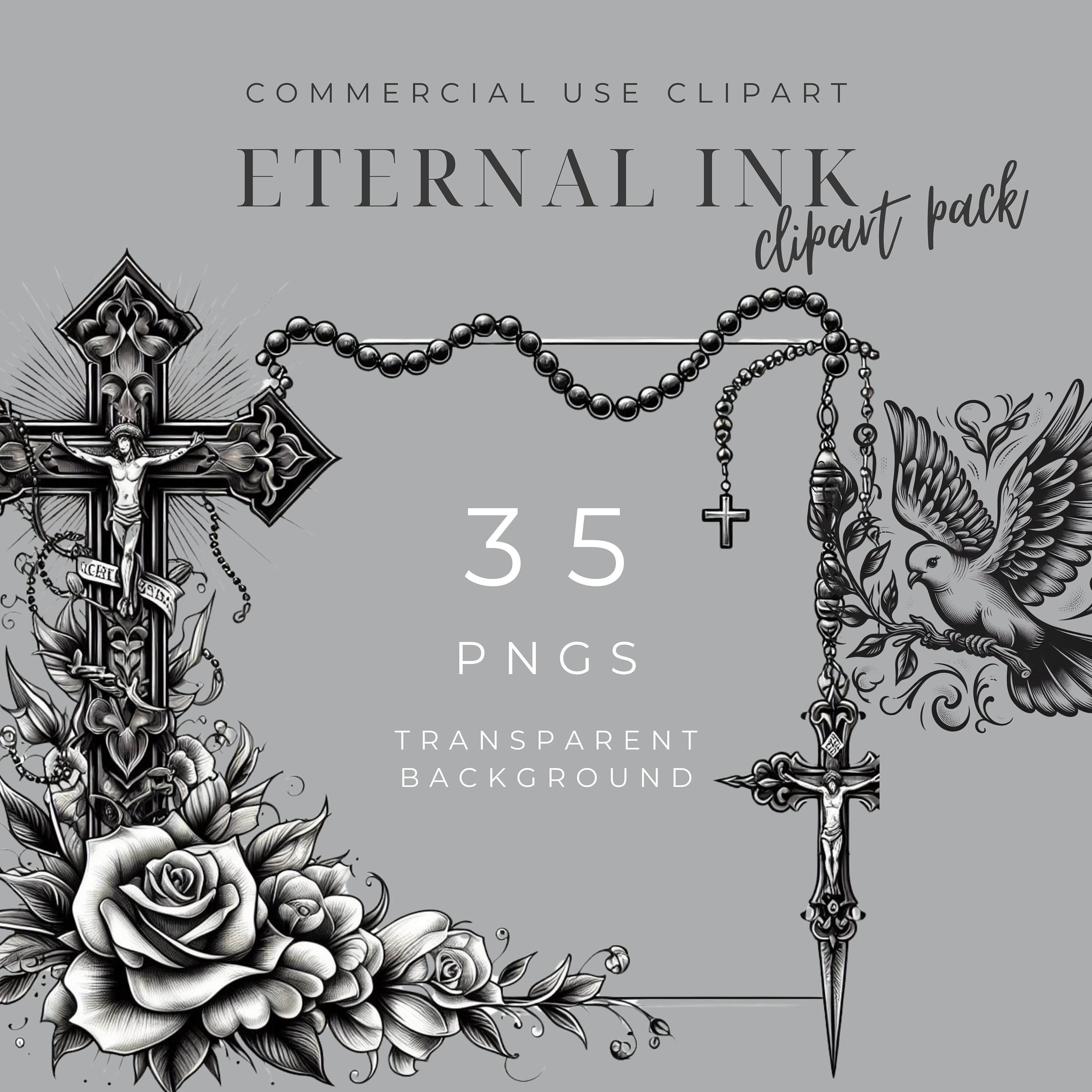 Eternal Ink Tattoo Cross and Dove PNG Bundle Transparent Digital ...