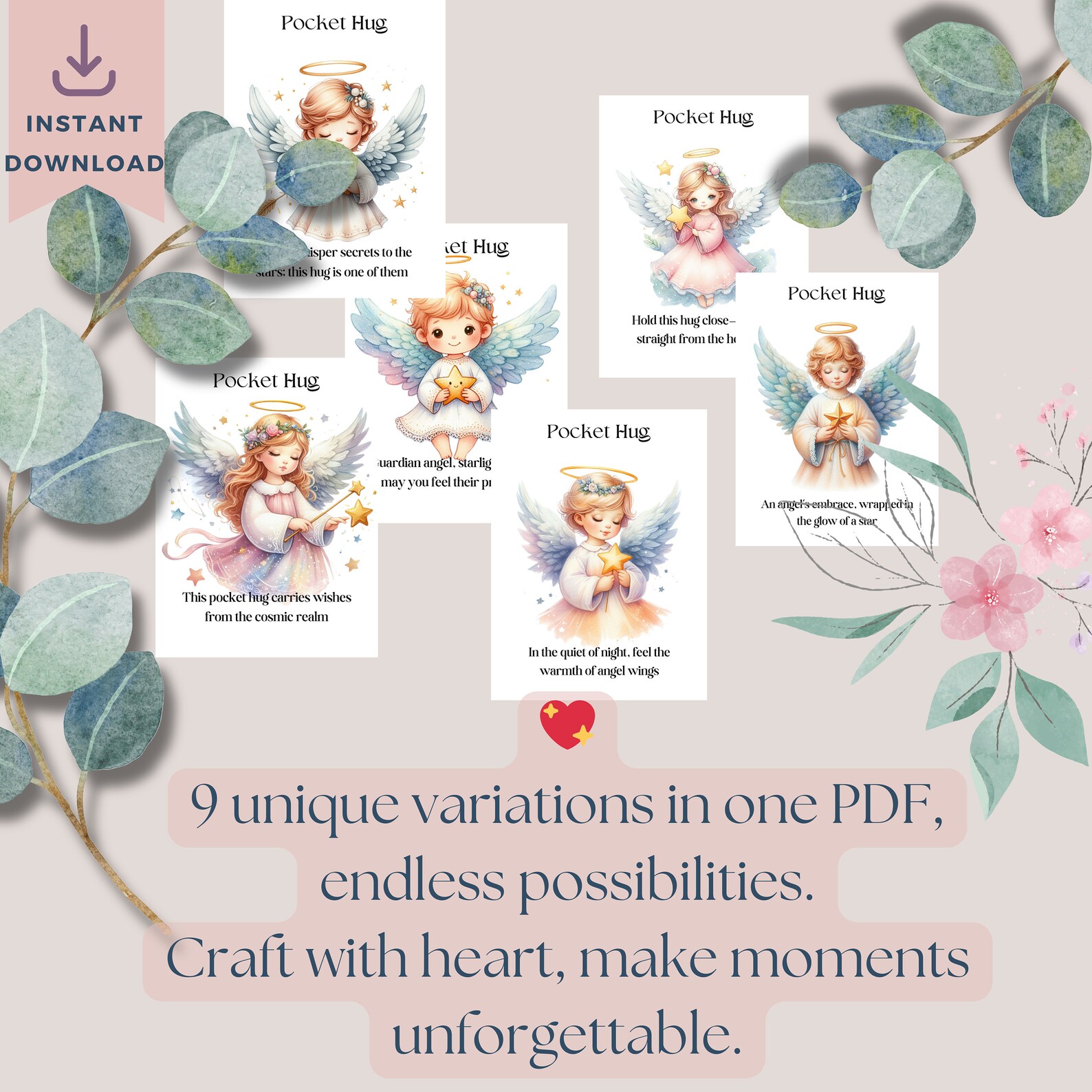 Pocket Hug Card Digital Printable - Angel Wing Hugs - 9 Pocket Hug Card ...