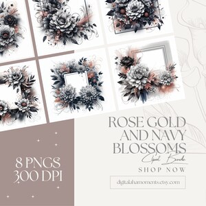 Rose Gold and Navy Floral Frames Clipart Bundle - 8 Digital Downloads ...