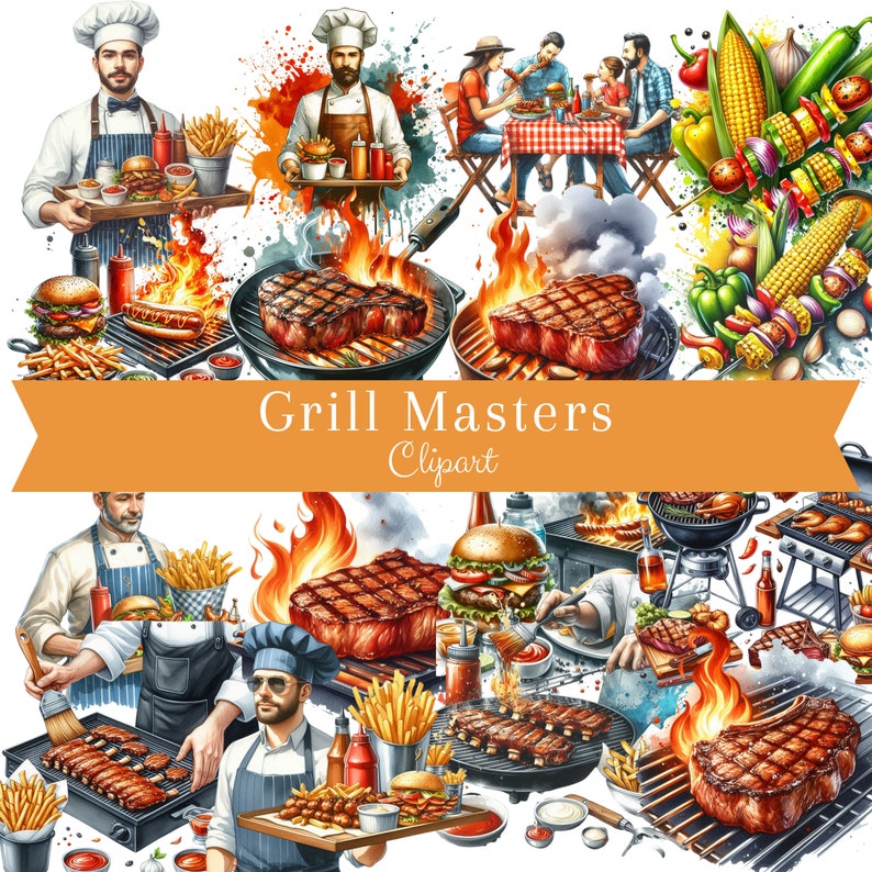 Watercolor BBQ Clip Art (40 Pngs) - Barbecue Graphics Set - Grill ...