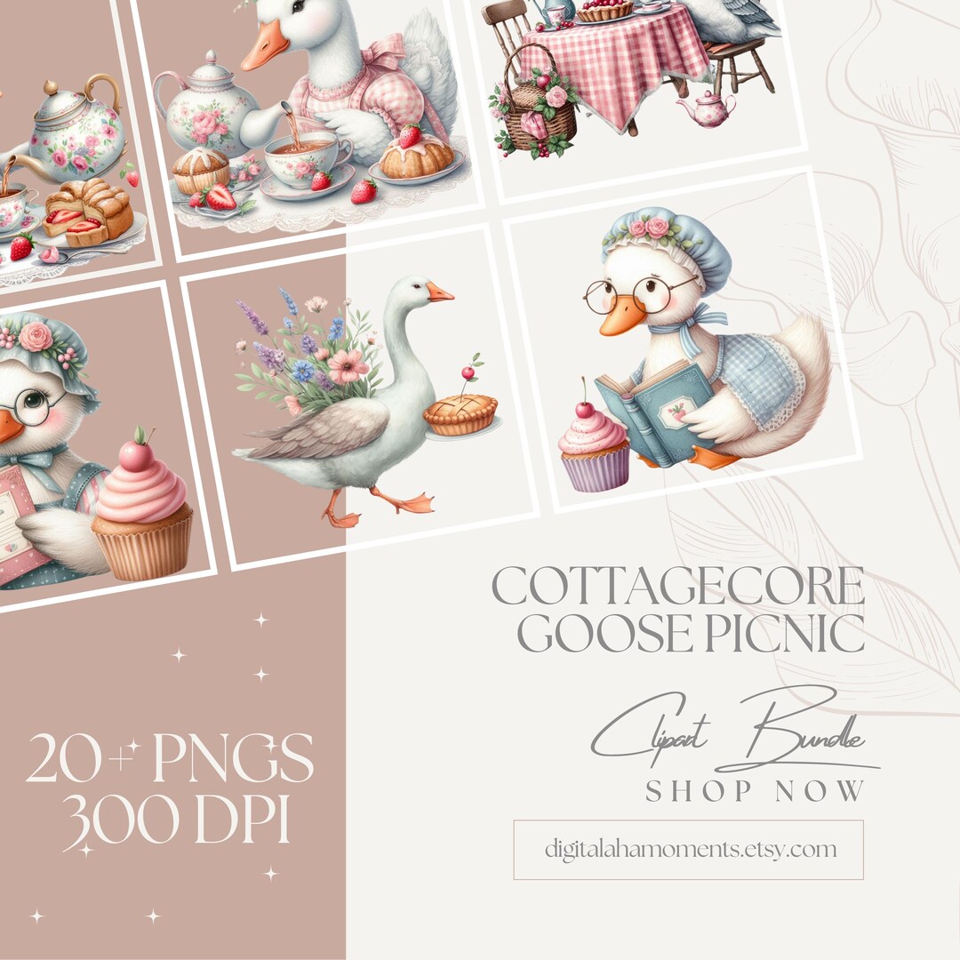 Cottagecore Goose Clipart Bundle Pastel Picnic Tea Party Watercolor ...