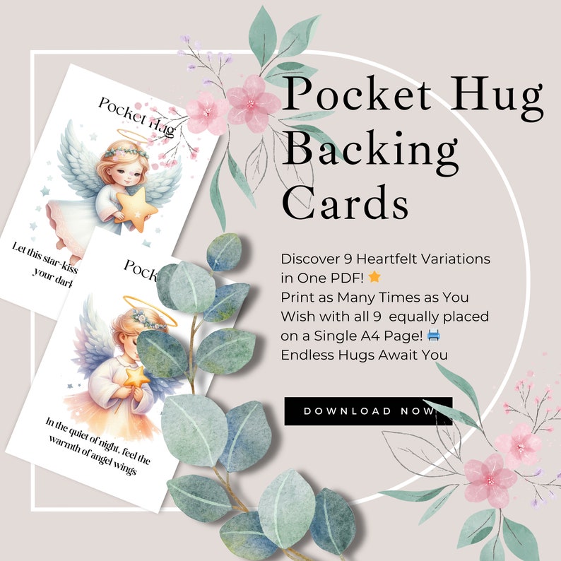 Pocket Hug Card Digital Printable - Angel Wing Hugs - 9 Pocket Hug Card ...
