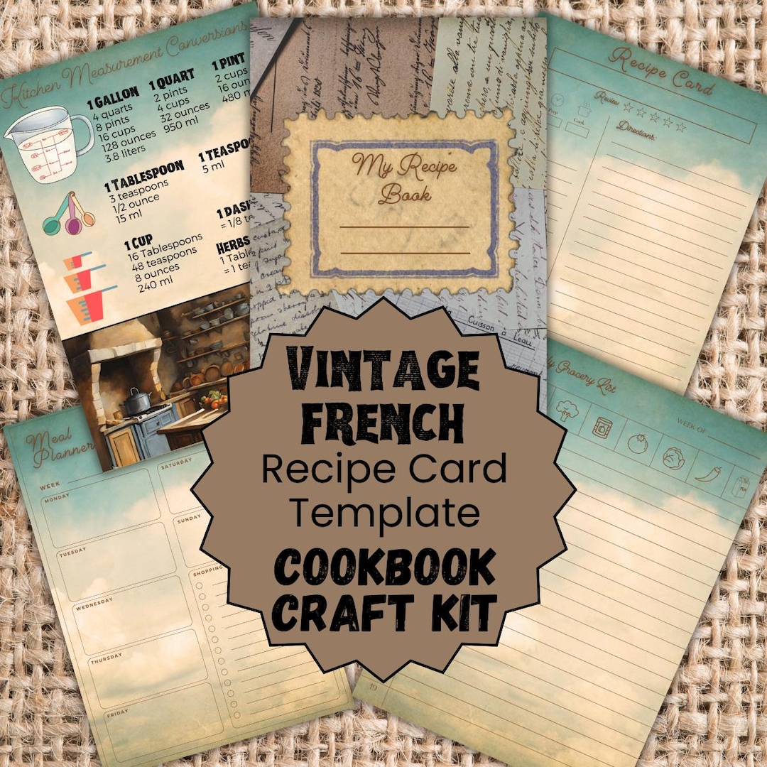 Vintage French Cookbook Template: Recipe Cards, Meal Planner (digital ...