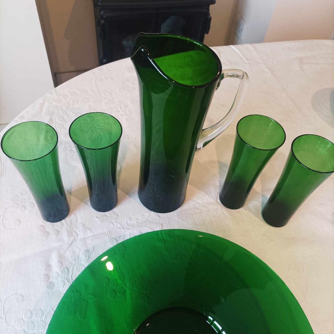 Vintage Green Glass Pitcher 4 Glasses And Serving Bowl Etsy