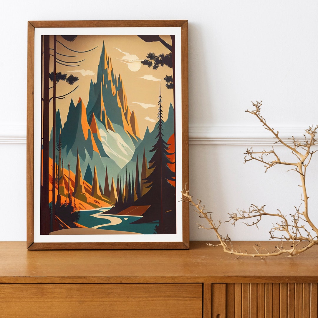 Mountain Landscape Bold Colours Wall Art Poster, Mid Century Inspired ...