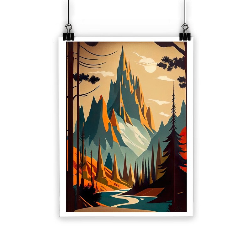 Mountain Landscape Bold Colours Wall Art Poster, Mid Century Inspired ...