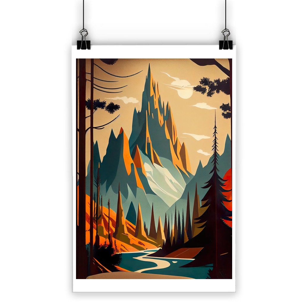 Mountain Landscape Bold Colours Wall Art Poster, Mid Century Inspired ...