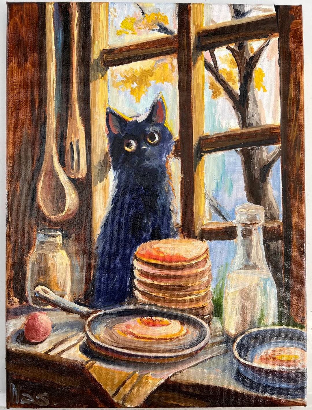 Sly Black Cat ,9x12 Inches, Original Painting OIL, Author's Painting ...