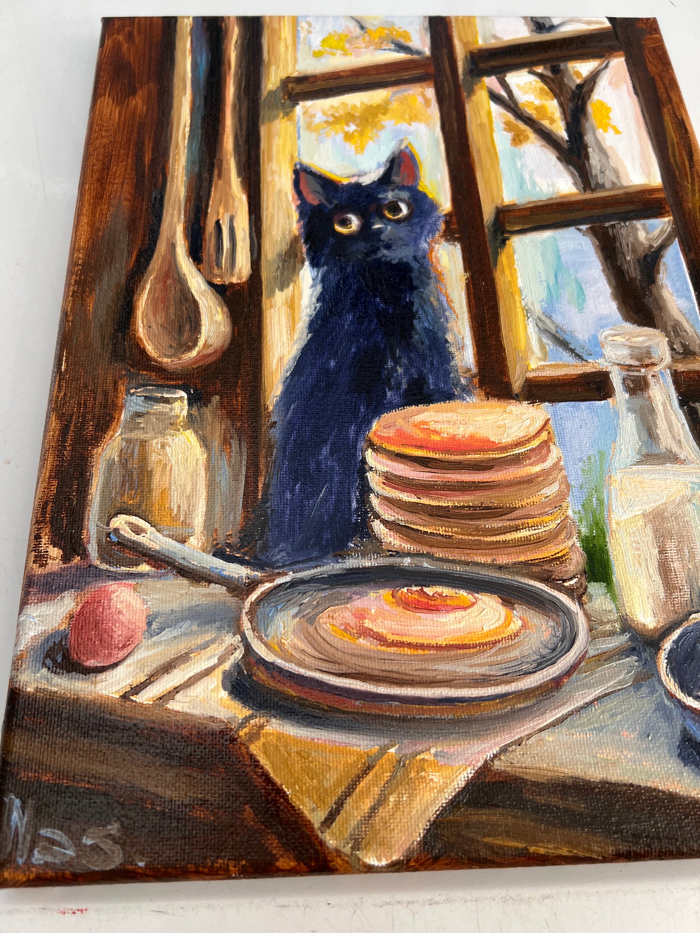 Sly Black Cat ,9x12 Inches, Original Painting OIL, Author's Painting ...
