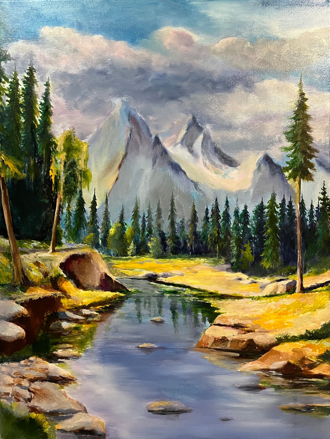 Snowy Mountains Painting, Original Forest Snowy Landscape With River - Etsy