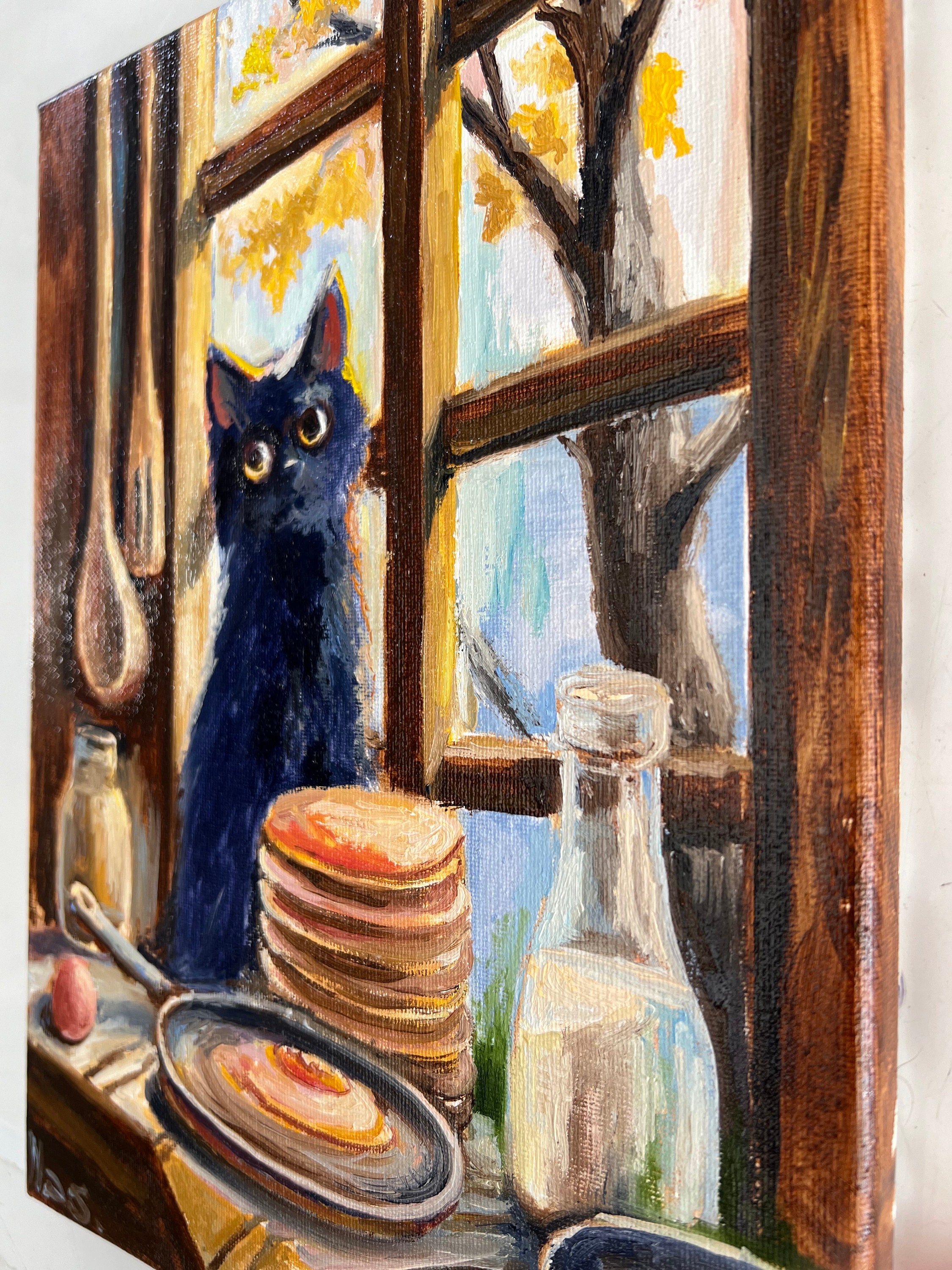 Sly Black Cat ,9x12 Inches, Original Painting OIL, Author's Painting ...