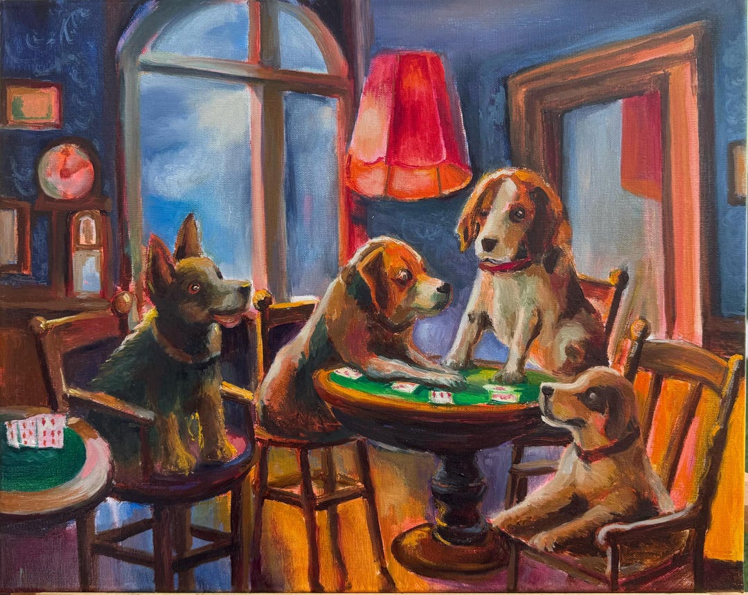 Dogs Playing Poker, Original Painting Oil, 16x20 Inches, Wall Art Decor ...
