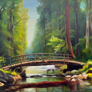 Forest Painting, Trees and Bridge Landscape, 36x24 Inch, Home Decor ...