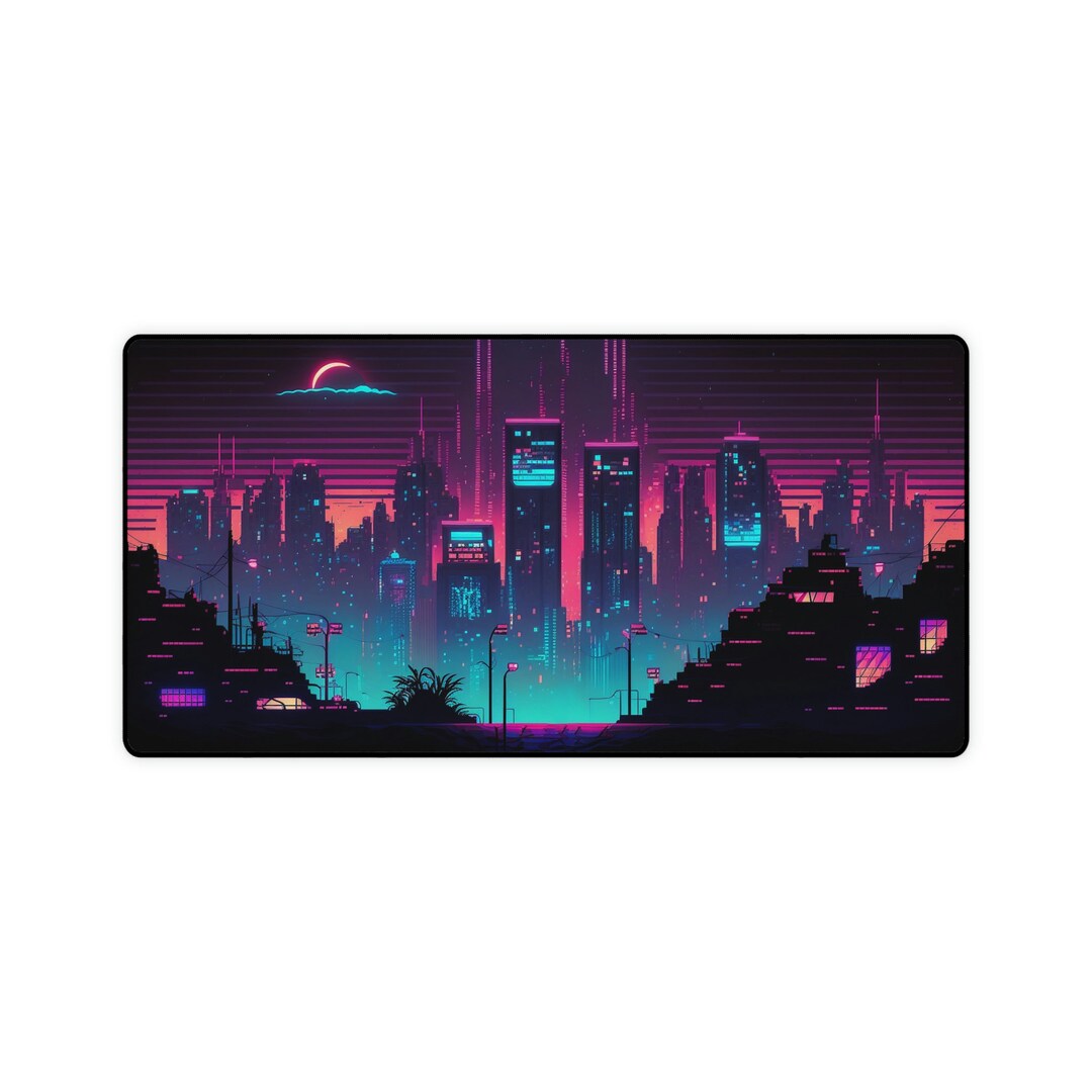 8-bit Neon City Skyline Desk Mat - Etsy