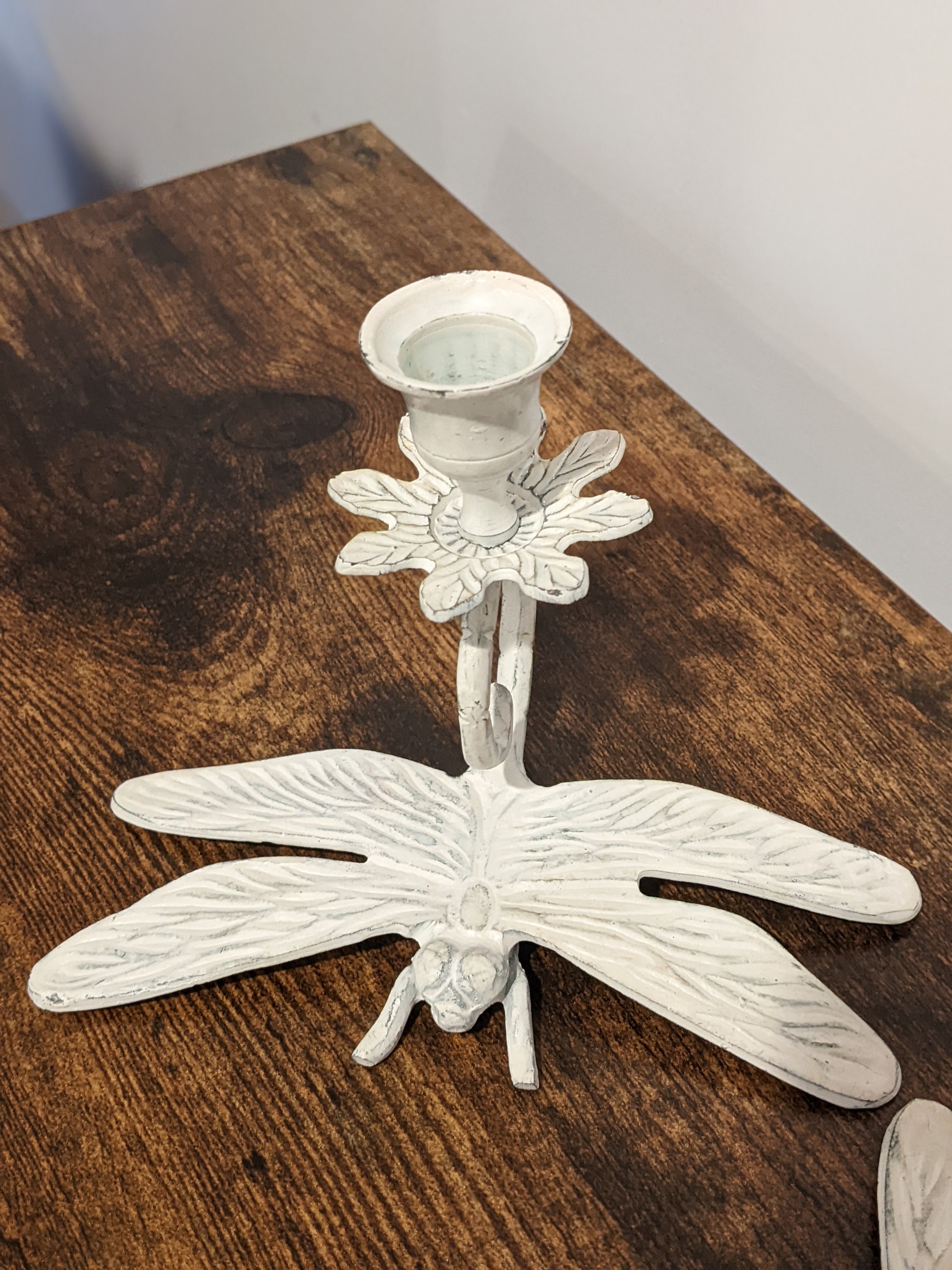 Set of Dragonfly Candlestick Holders, Rustic White Candlestick Holders ...