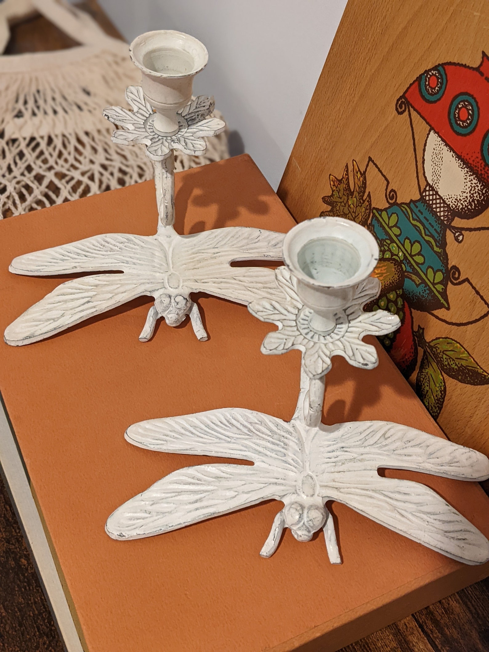 Set of Dragonfly Candlestick Holders, Rustic White Candlestick Holders ...