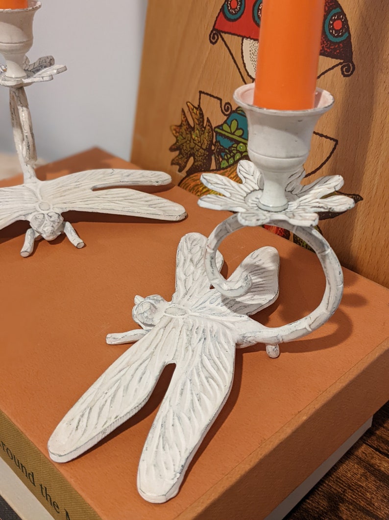 Set of Dragonfly Candlestick Holders, Rustic White Candlestick Holders ...