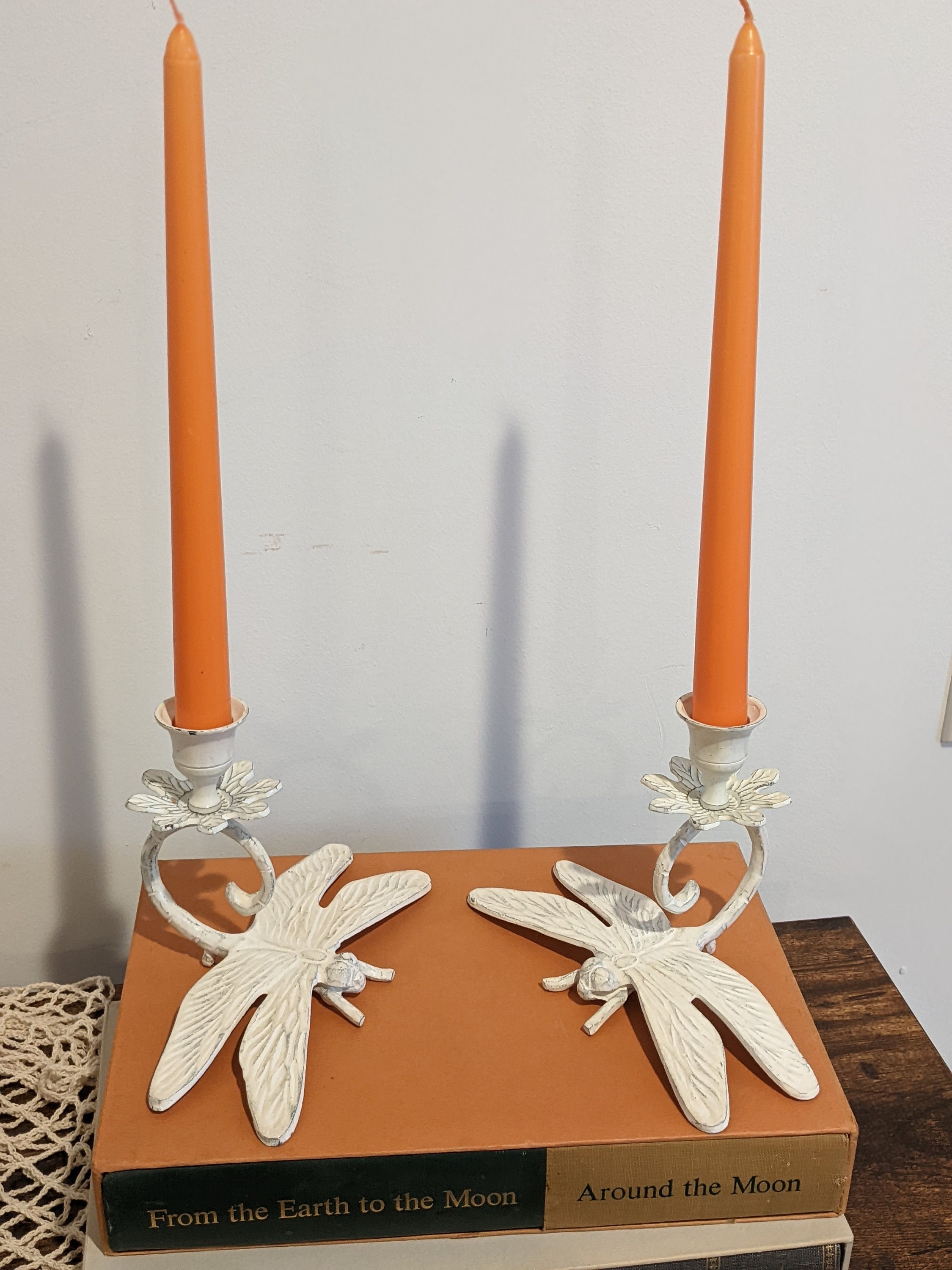 Set of Dragonfly Candlestick Holders, Rustic White Candlestick Holders ...