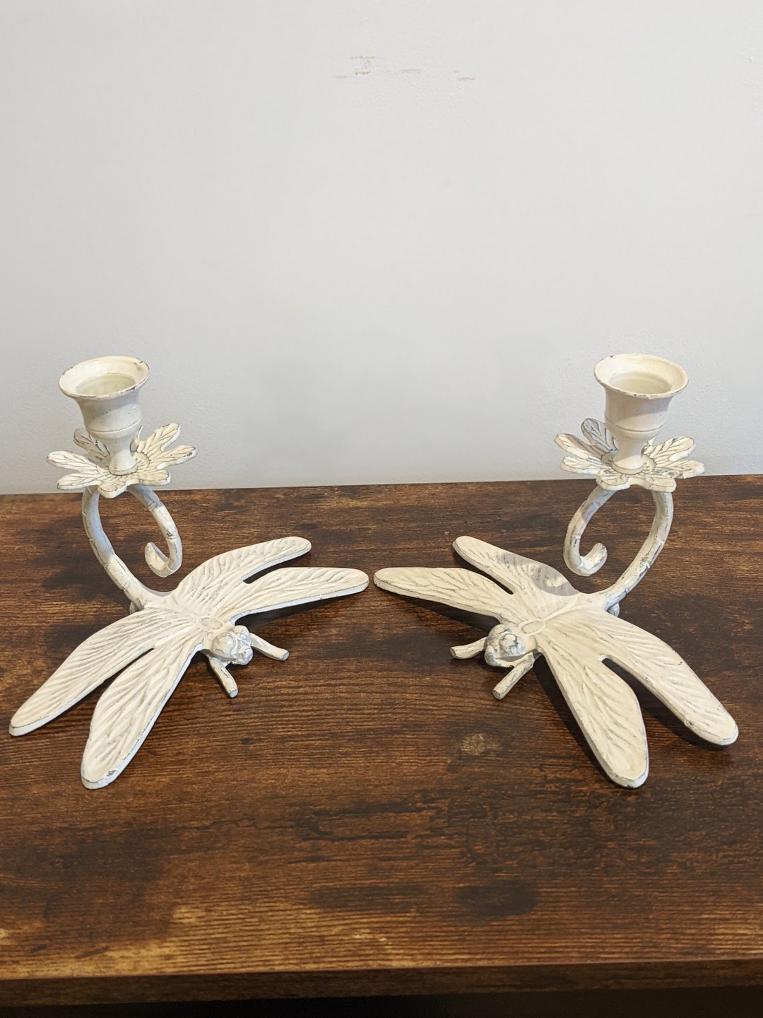 Set of Dragonfly Candlestick Holders, Rustic White Candlestick Holders ...