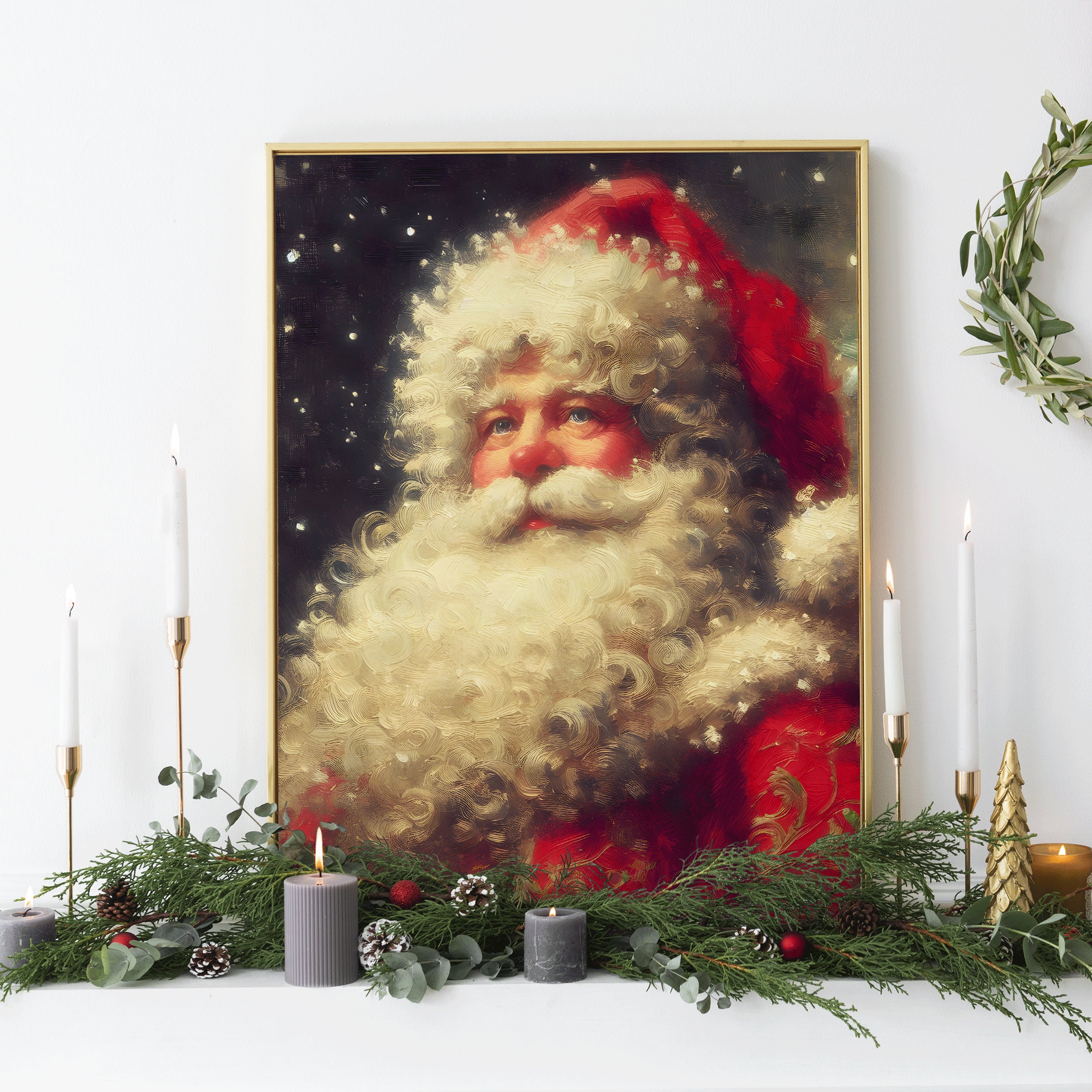 Vintage Santa Portrait Printable Oil Painting Art Print Seasonal ...