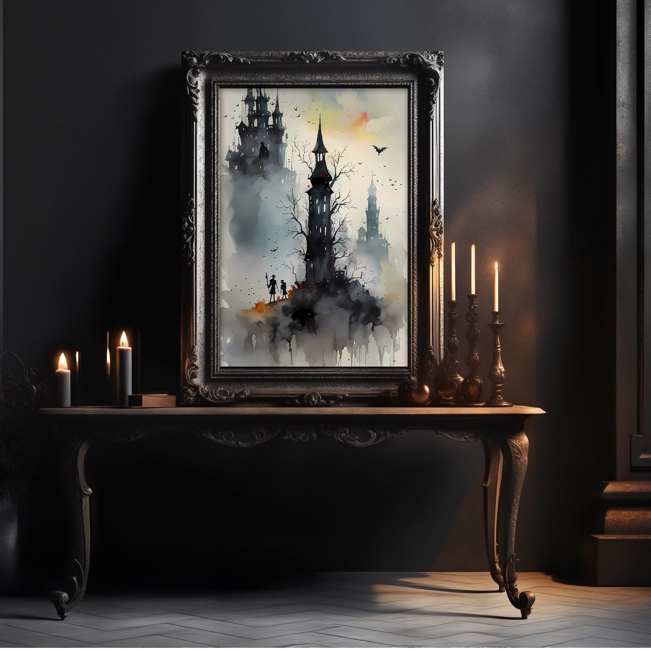 Halloween Horror Creepy Tower Watercolor Art Print Gothic Decor Poster ...