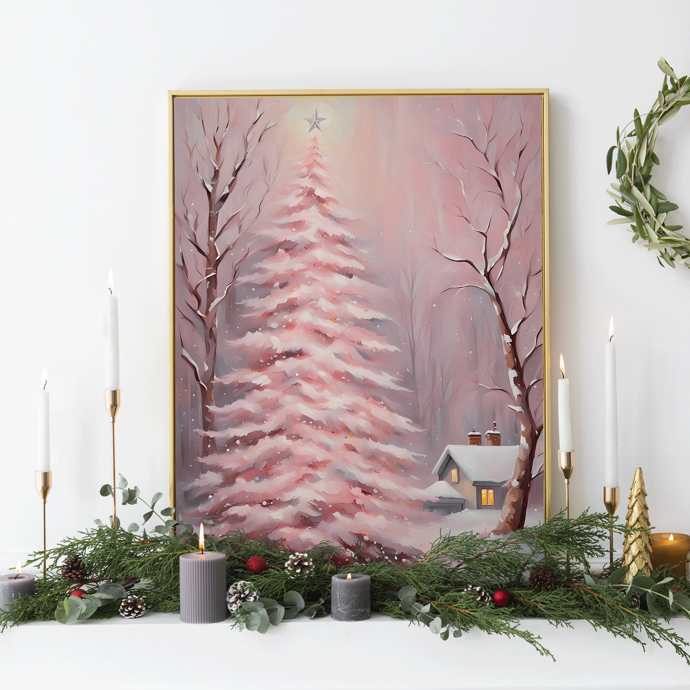 Vintage Pink Christmas Tree Poster Printable Oil Painting Art Print ...