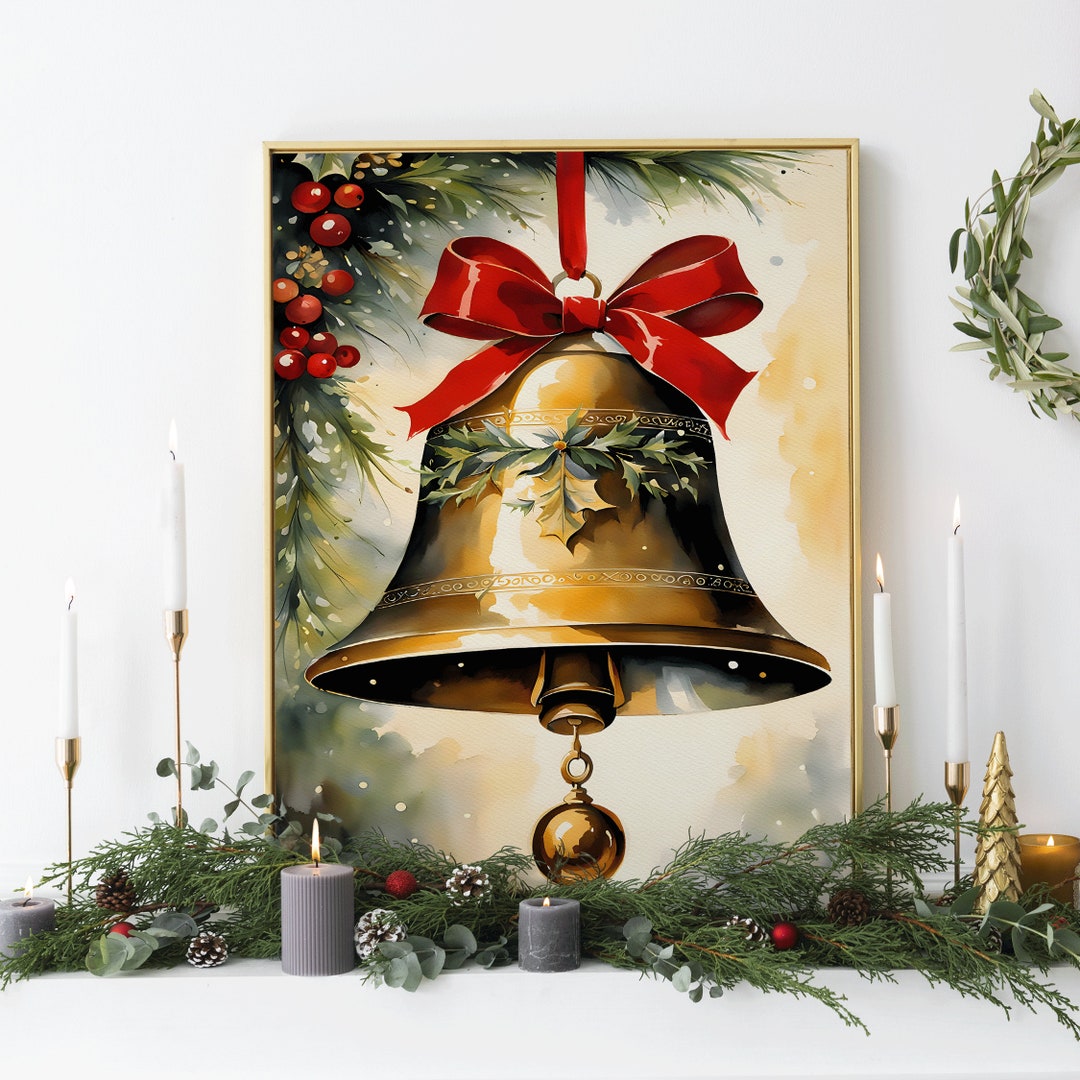 Rustic Vintage Christmas Jingle Bell Wall Art Print Watercolor Xmas ...