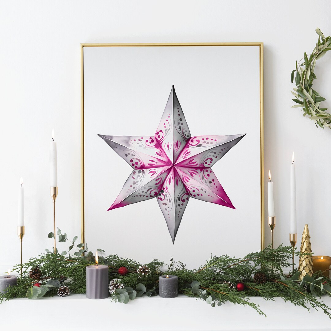 Pink Watercolor Christmas Star Print Art Winter Decorations Xmas Pink ...