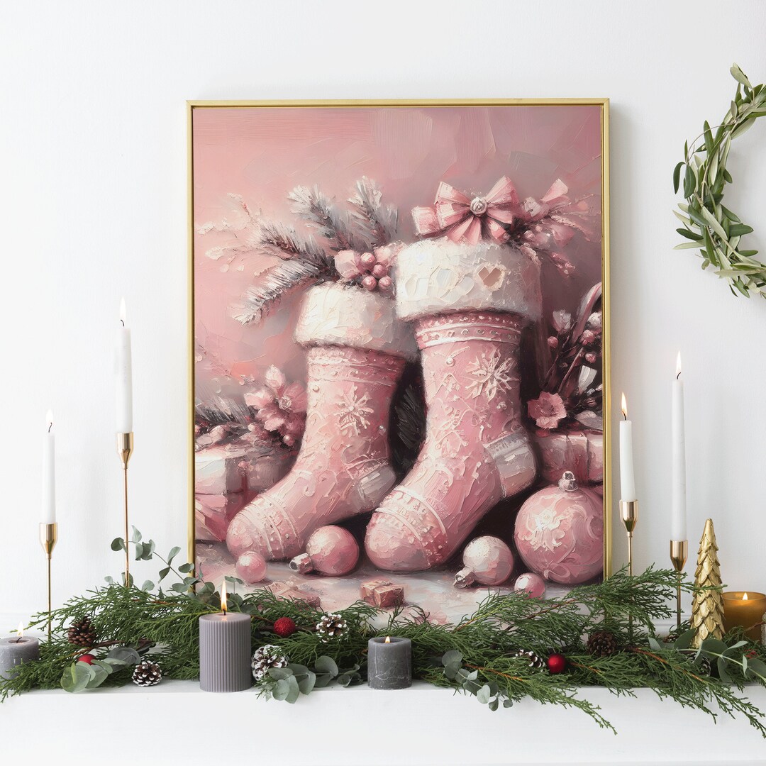 Vintage Christmas Pink Oil Painting Socks Wall Art Print Stockings Xmas ...