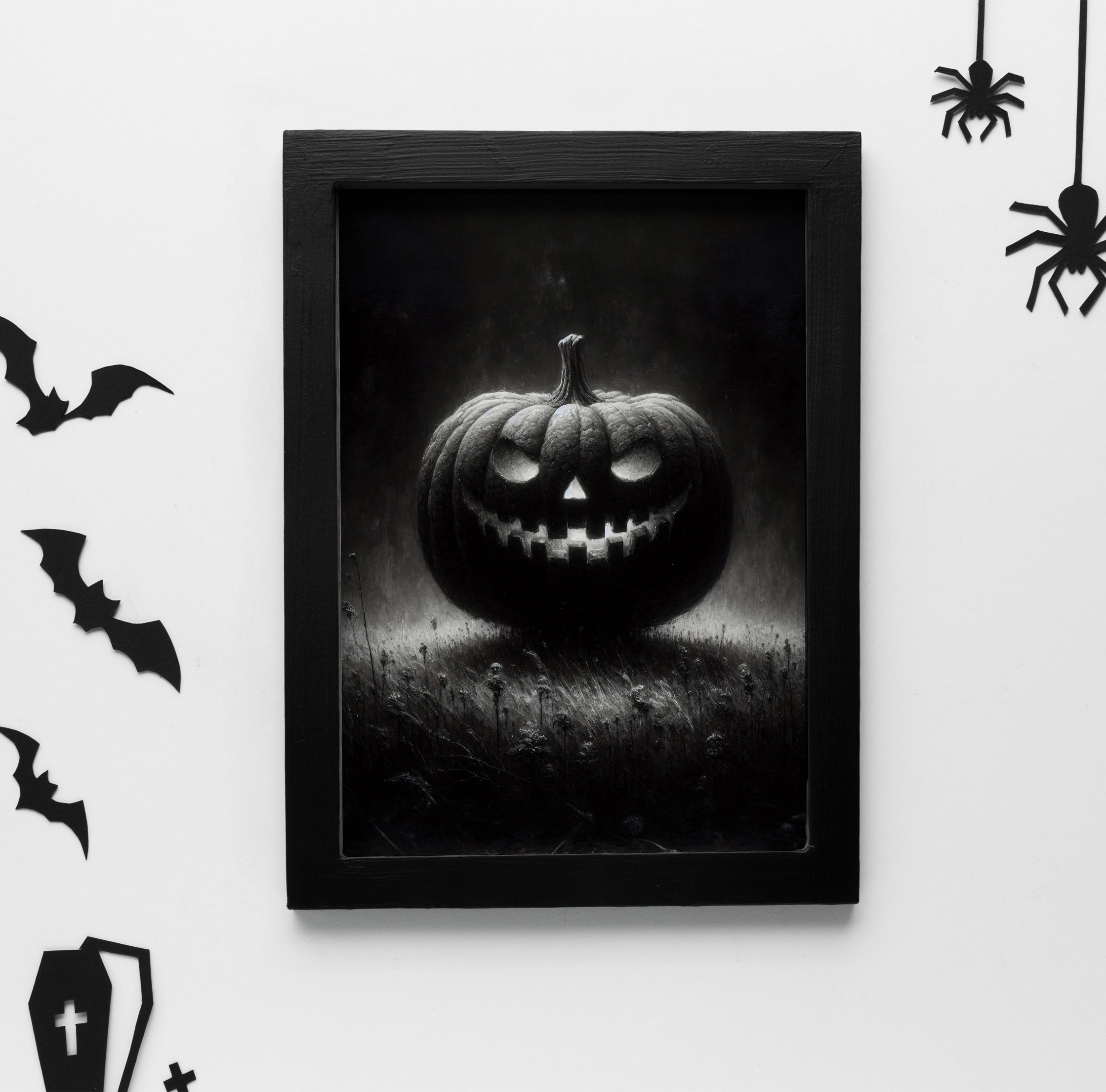 Creepy Jack O Lantern Halloween Black and White Poster Art Rustic Moody ...