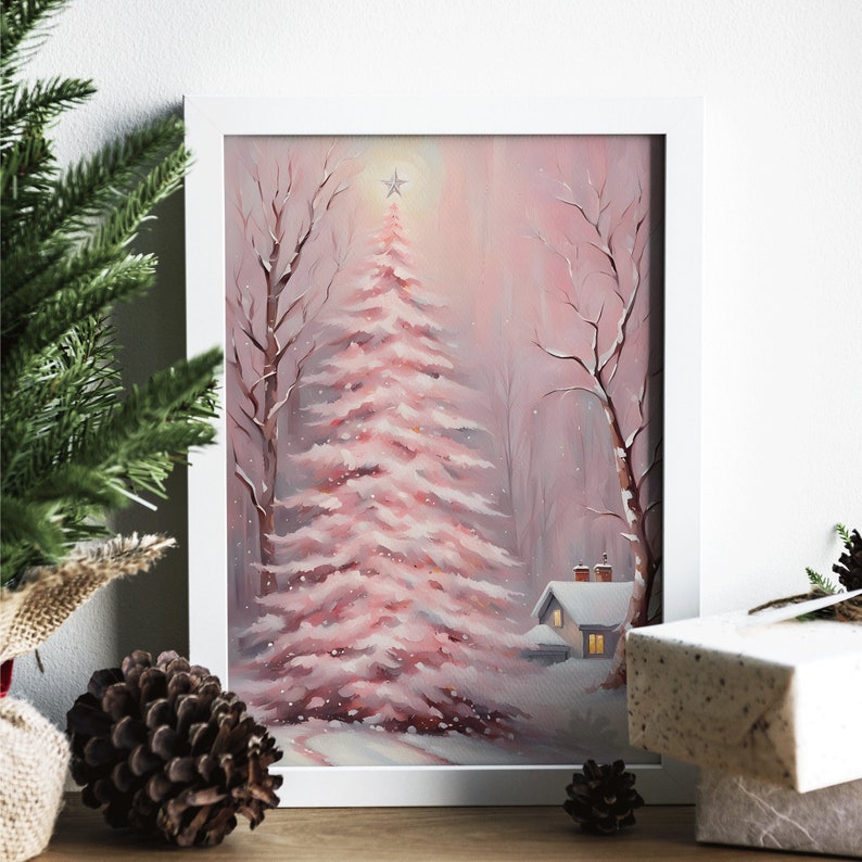 Vintage Pink Christmas Tree Poster Printable Oil Painting Art Print ...