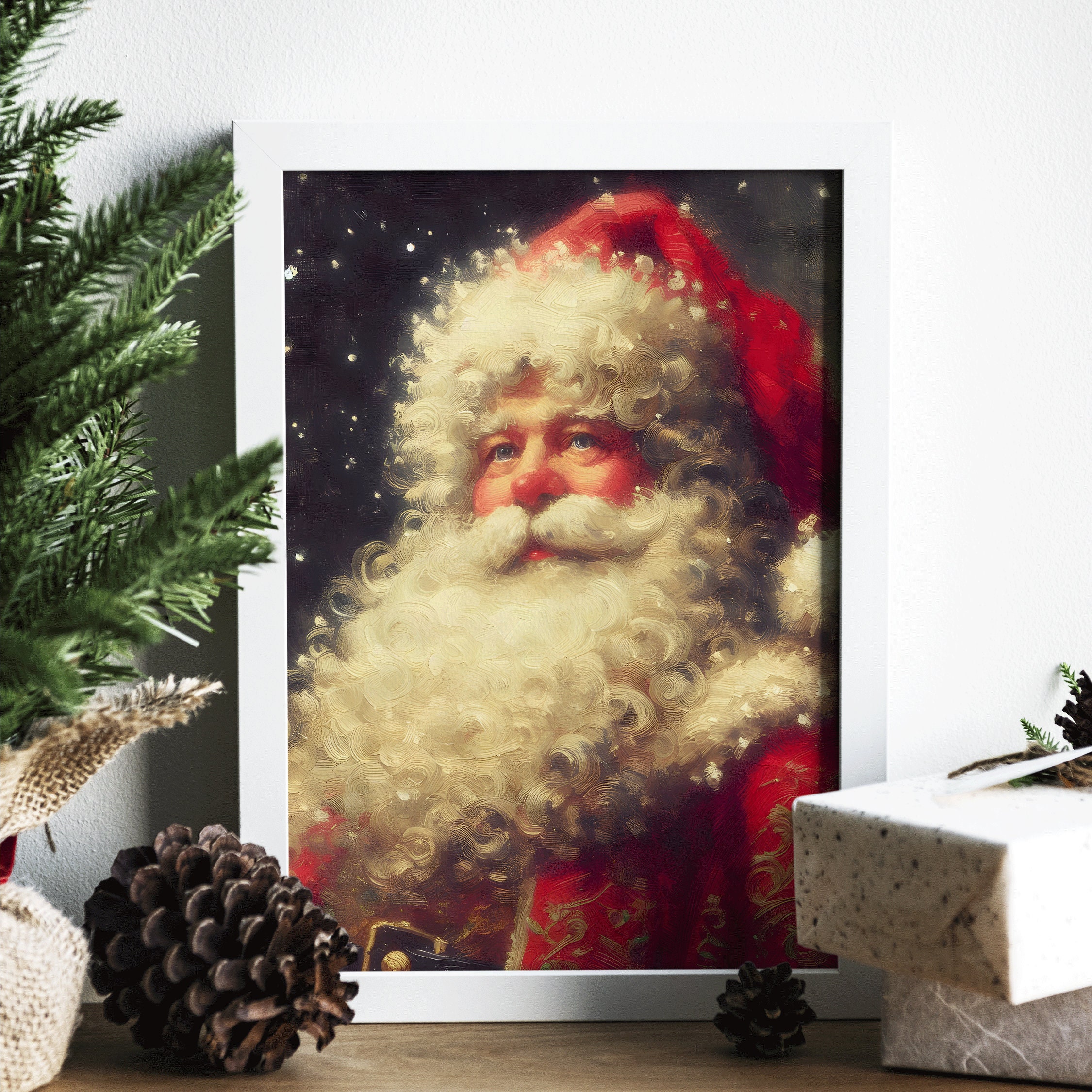 Vintage Santa Portrait Printable Oil Painting Art Print Seasonal ...