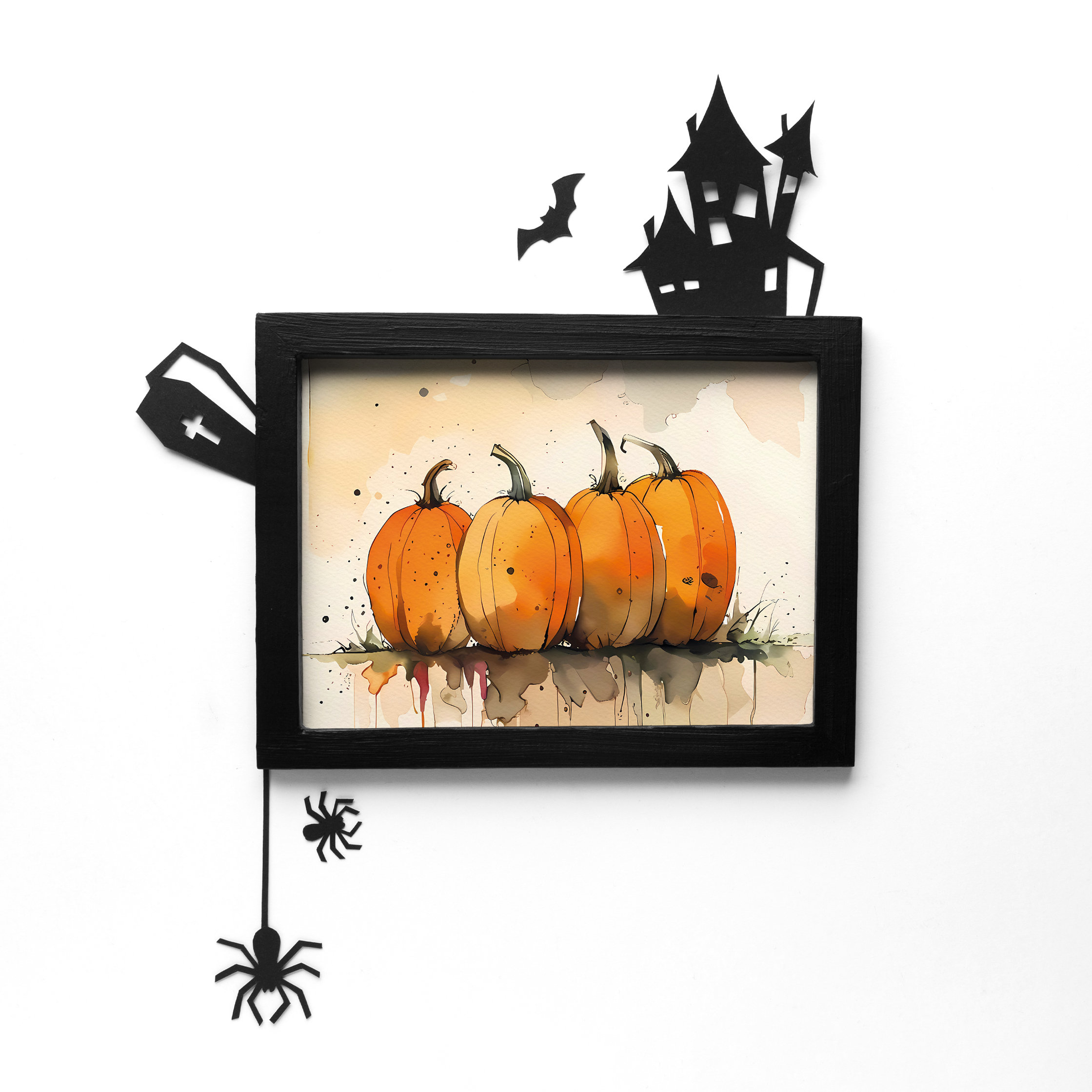 Halloween Pumpkins Fall Art Watercolour Painting Wall Decor Spooky ...